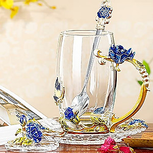 Vivimee 2 Pack Tea Cups with Lids, 12 oz Clear Glass Cups with Spoon Set, Flower Tea Cup Set, Mother's Day Gifts, Glass Tea Cups for Women, Tea Mug for Coffee, Tea, Juice, Milk Hot and Cold Drinks