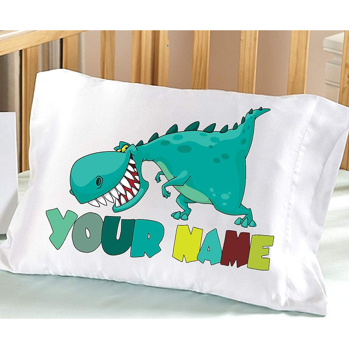 Personalized Cute Dinosaur Boys Pillow Case - (Toddler - Travel Size 13 x 18 or Standard 20 x 30 Size Birthday Gift idea for Boys Kids Room Decor
