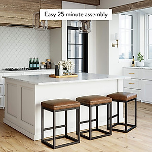 Nathan James Nelson Bar Stool with Leather Cushion and Metal Base, 24", Warm Brown/Black