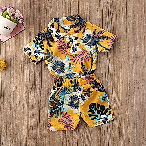 QWEP Toddler Baby Boys Summer Shorts Set Floral Outfits Button Down Shirt Top Bermuda Shorts Hawaiian Clothes 2 PCS (01 Floral Boys Shorts Coconut Yellow, 2-3T)