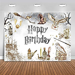 Mocsicka Wizard Birthday Backdrop Magical Castle Witch Wizard School Happy Birthday Photography Background Vinyl Kids Sorcerer Theme Birthday Party Cake Table Decoration Photo Booth (Gray, 7x5ft)