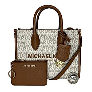 Michael Kors Mirella Small Shopper Top Zip Bag bundled SM TZ Coinpouch Purse Hook (Vanilla/Luggage)