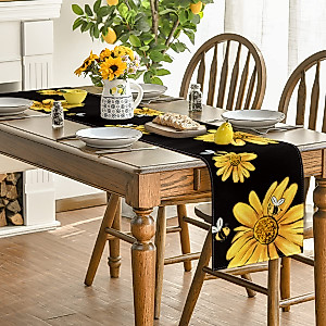 Artoid Mode Bee Sunflower Table Runner Black, Seasonal Spring Summer Flowers Holiday Kitchen Dining Table Decoration for Home Party Decor 13 x 72 Inch
