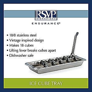 RSVP International Endurance® Vintage Inspired Ice Cube Tray, 11" | Retro Design for Bars & Kitchens | Levers Remove Cubes | Heavy Duty Stainless Steel | Dishwasher Safe