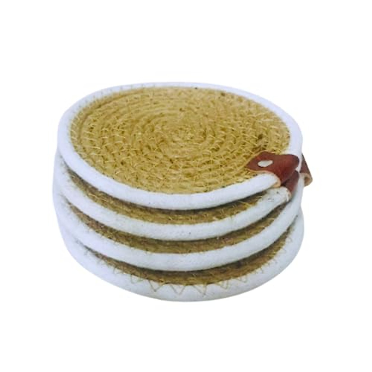 VintFlea Set of 4 Stylish & Sustainable Cotton-Jute Placemats, Perfect for Dining, Coffiee Table, Experience Washable, Heat Resistant Non Slip Small Circle, Round TableMats (6 x 6) Beige & White