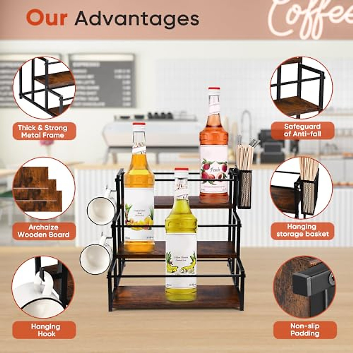 GADFISH Coffee Syrup Rack Organizer, 3 Tier Syrup Bottle Holder Stand for Coffee Bar, 12 Bottles Storage Shelves for Syrup, Wine, Dressing for Kitchen Coffee Station Countertop Tabletop Wine Rack