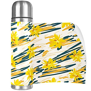 Stainless Steel Leather Vacuum Insulated Mug Yellow Flower Thermos Water Bottle for Hot and Cold Drinks Kids Adults 16 Oz