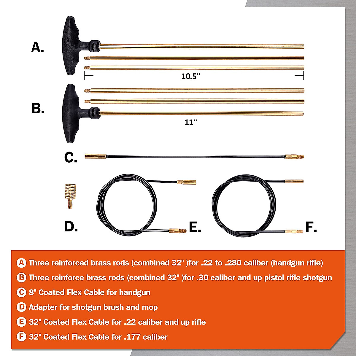Raiseek Gun Cleaning Kit Rifle Pistol Shotgun Universal Cleaning Kit for 20GA 12GA .45 .40 .357/.380/.38/9MM .338 .325/8mm .30/7.62MM .270 .250 .243 .22 .17 All Calibers (Brass Jags-Orange)