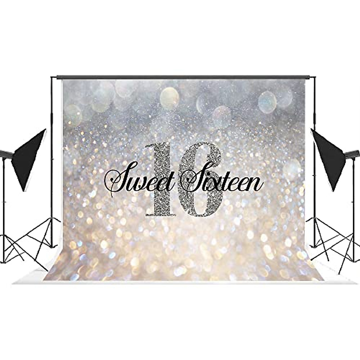 Lofaris Sweet 16 Birthday Party Backdrop Shiny (No Glitter) Silver White Bokeh Golden Spots Princess Sixteen Background Girls 16th Birthday Decorations Cake Table Banner 7x5ft