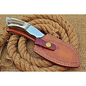 HUNTEX Handmade Hand-Forged Twist Pattern Damascus Steel 9 Inch Long Full Tang Natural Deer Antler Handle Razor Sharp Hunting Camping Cleaver Knife w/Genuine Leather Sheath
