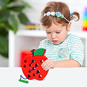 Lacing Toys for Toddlers - Wooden Lacing Apple Threading Toy, Shape Puzzle Fun Travel Game for Montessori Early Learning of Fine Motor Skills Lacing Toy, Educational Gift for Boys and Girls Ages 3-5