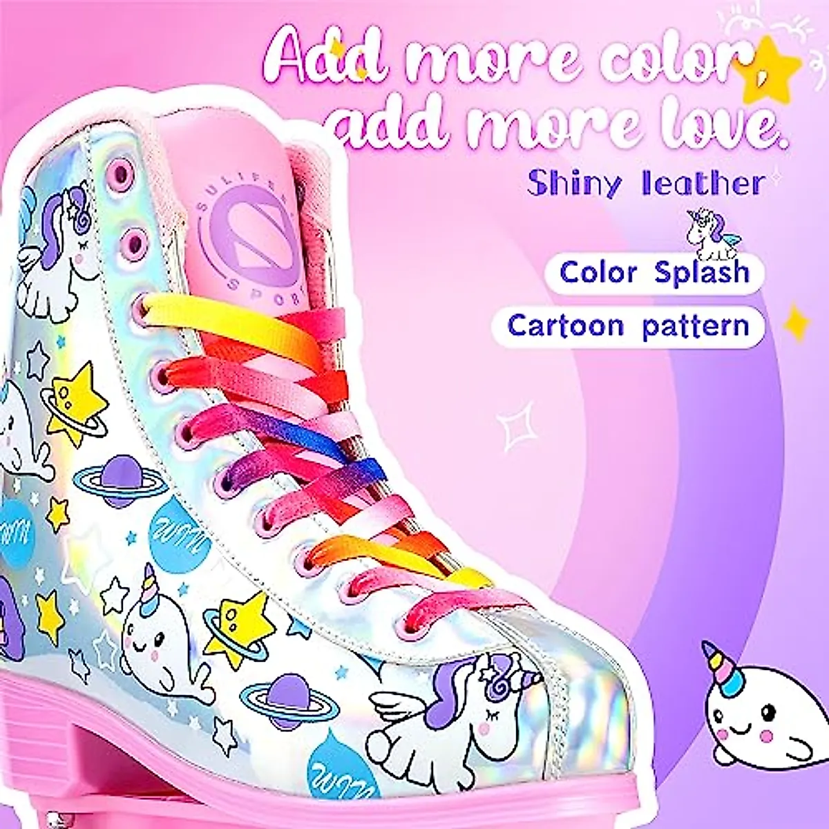 SULIFEEL Rainbow Unicorn Roller Skates for Girls Light up Wheels Womens Quad Skates with High Top Reflective TPU Leather Unicorn