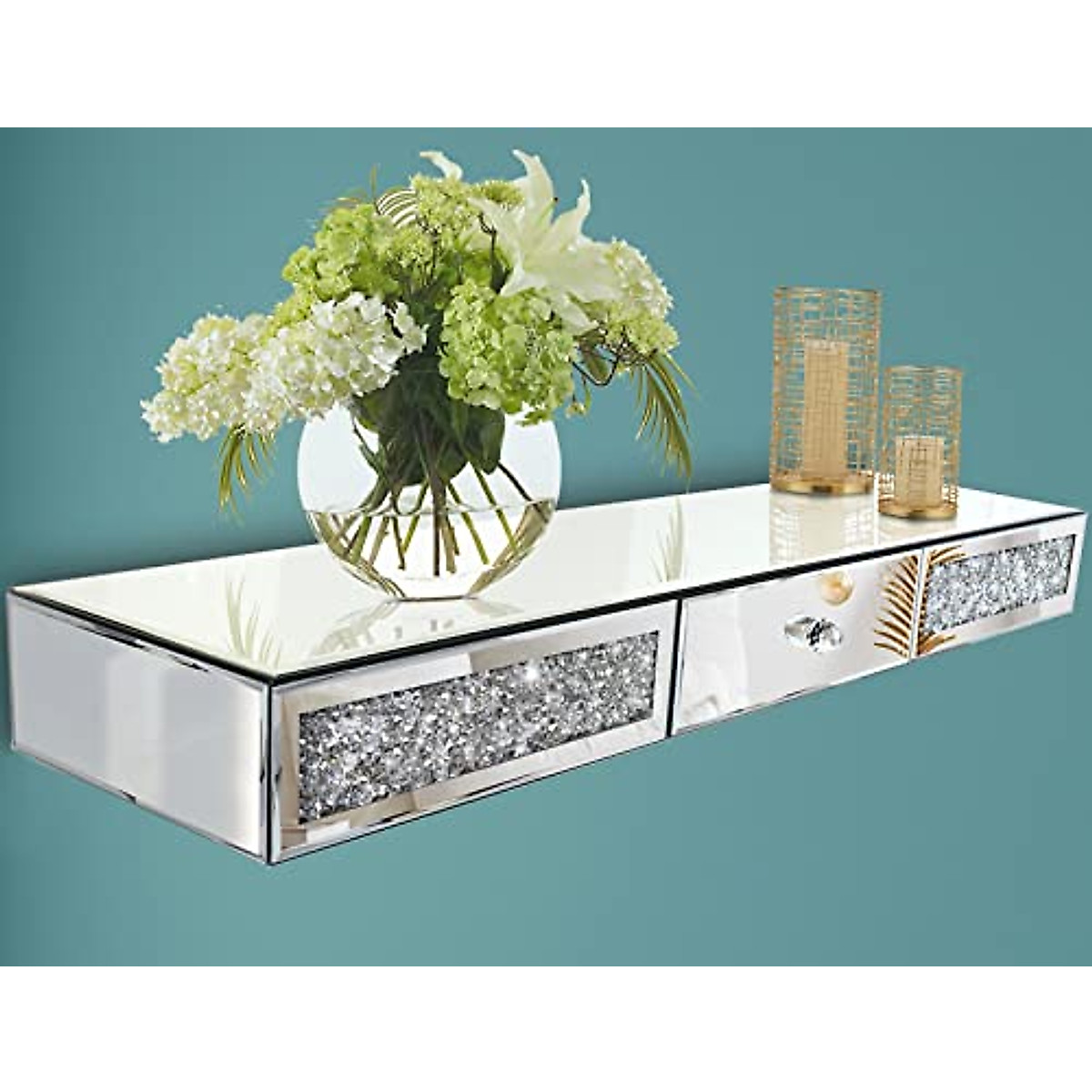 Mirrored Furniture Wall Shelf with Drawer, Crystal Diamond Floating Showcase, Silver Mirror Crushed Diamond Decorative Dressing Table, Gorgeous Bling TV Set, Wall Art Décor,31.5" L×7.9" W×3.1" H