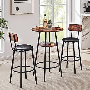 Tensun Bistro Table and Chairs Set of 2, Pub High Top Round Table and Chairs Set with Upholstered Cushion, Storage Shelf and Backrest, 3-Piece Bar Stool Set for Breakfast Nook, Rustic Brown