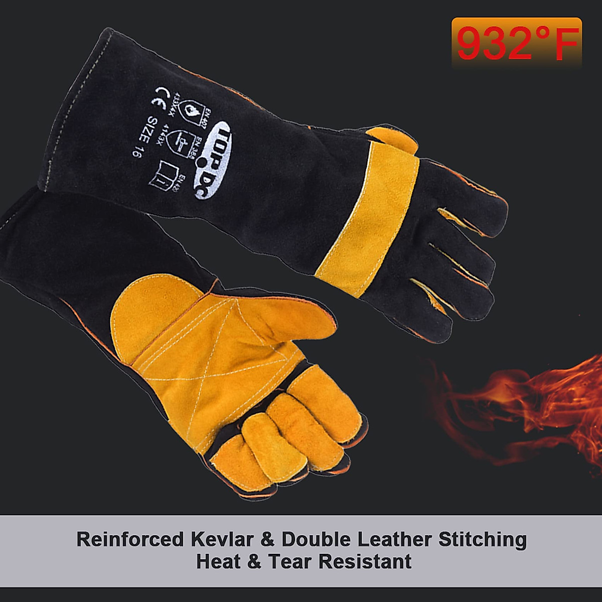 TOPDC Welding Gloves 16 Inches 932℉ Fire/Heat Resistant Leather Welding Gloves For Mig, Tig, Stick, Forge, BBQ, Grill, Fireplace, Wood Stove, Furnace, Oven, Animal Handling for Safe, Loving Pet Care