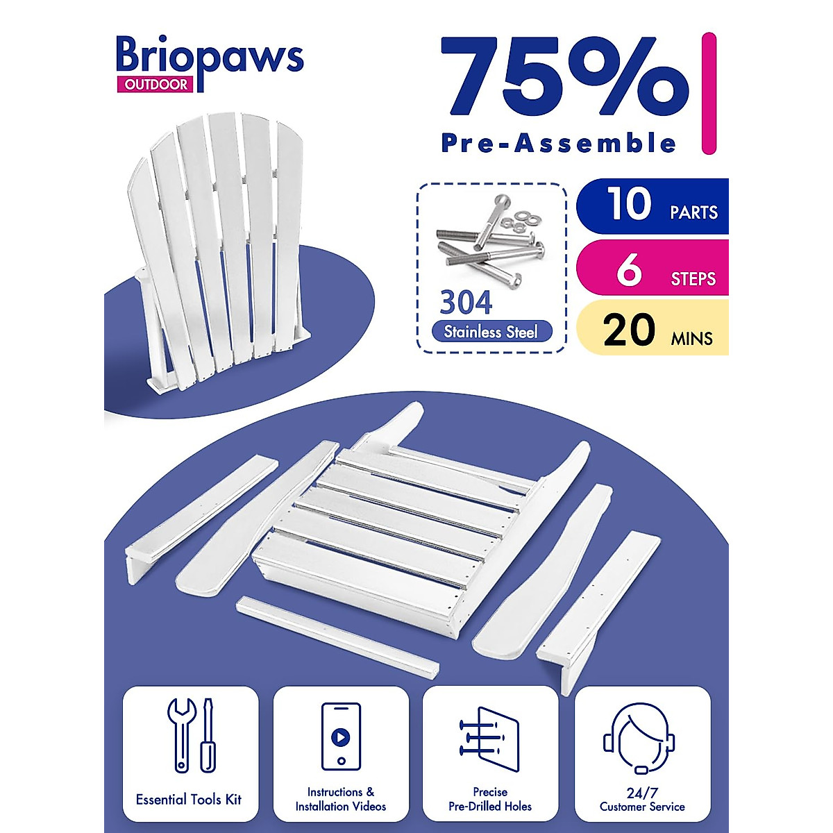 BRIOPAWS Adirondack-Chairs-Set of 2 | Fire Pit Chair | Oversized | HDPE Plastic | Weather Resistant | for Deck Outdoor Poolside Campfire | White