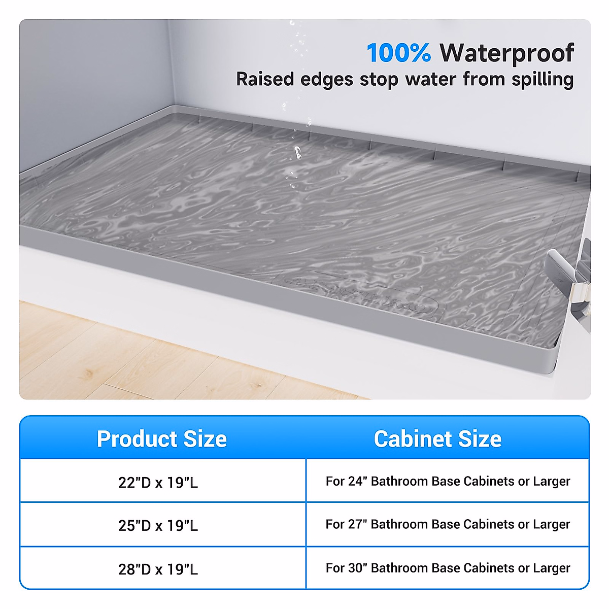 1 Inch Raised Under Sink Mat, 22" X 19" Under Kitchen Sink Mat [BPA Free] Waterproof Silicone Under Sink Mats Bathroom Kitchen Cabinet Shelf Protector, Under Sink Liner Tray, Light Grey