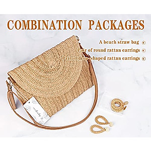 COOKOOKY Straw Clutch Handbag Summer Beach Straw Purse for Women woven Envelope Bag and 2 Pairs Rattan Earrings (Light brown bag and Rattan earrings)