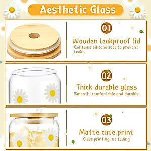 Hoolerry Daisy Flower Glass Cups with Lids and Straws 18 oz Iced Coffee Cup Drinking Glasses with Bamboo Lids Cute Flower Glass Coffee Tumbler Glasses for Home Office Kitchen (4 Pcs)