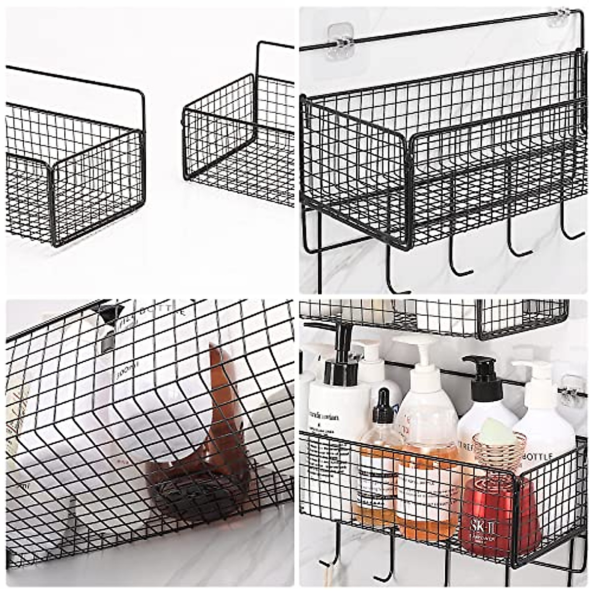 Livabber Adhesive Shower Caddy Basket Shelf with Hooks, All Metal Bathroom Organizer Shelf Rustproof Storage Basket No Drilling Wall Mounted, 2-in-1 Space Saving Kitchen Spice Racks, 2 Pack, Black