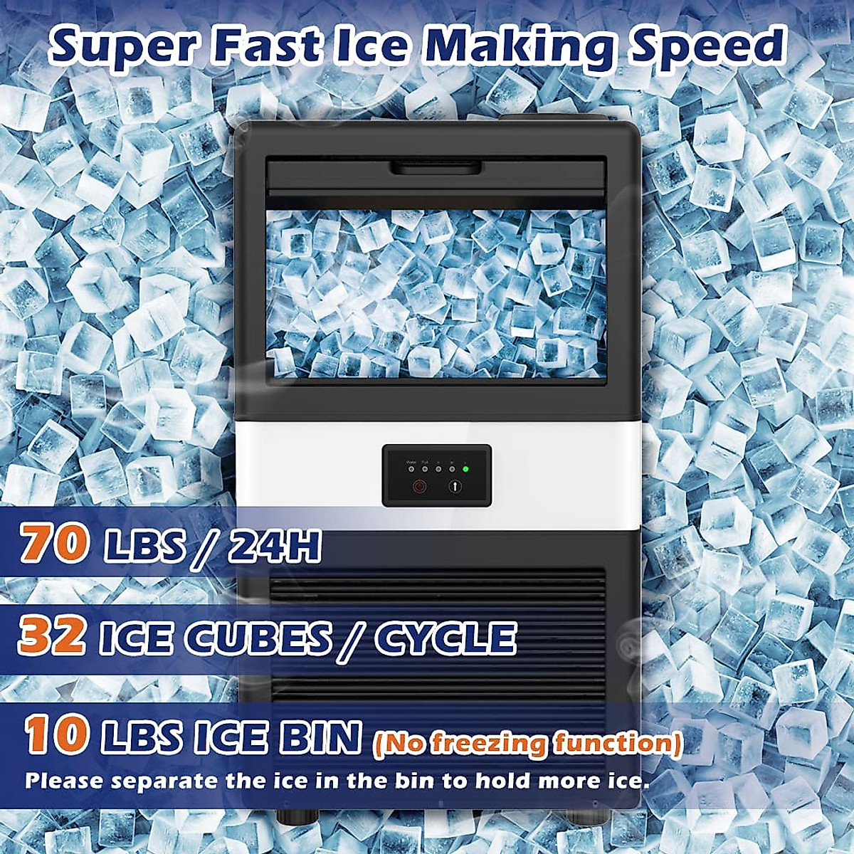 Commercial Ice Maker Machine, 70 LBS/24H Under Counter Large Ice Machine w/ 10 LBS Capacity Ice Storage Bin, 2 Water Inlet Modes, Freestanding & Built in Ice Maker for Bar/Home/Office/Shop, White