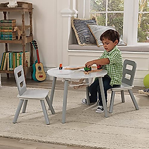 KidKraft Wooden Round Table & 2 Chair Set with Center Mesh Storage, Kids Furniture, Gray & White, Gift for Ages 3-6