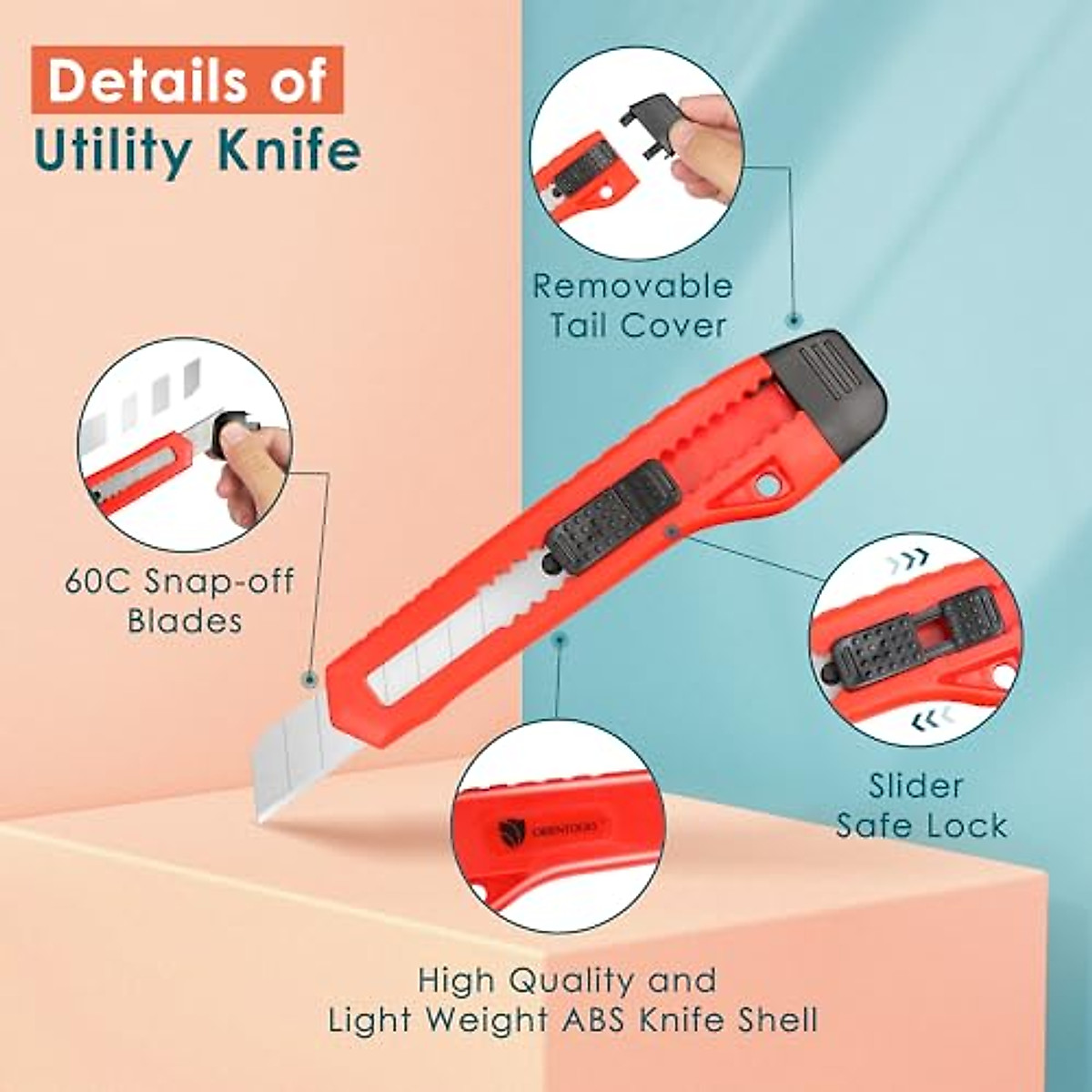 ORIENTOOLS Utility Knife Box Cutter Razor Auto-lock 4-Pack Set, Retractable Box Cutter Snap Off Blades Knife, for Office, Home, Arts, Crafts, Red and Yellow