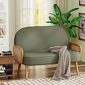 Aklaus 45" W Faux Leather Small loveseat with Natural Rattan Arms,Upholstered Modern Mini Sofa Couch Love Seat Settee Bench with Back for Living Room Bedroom Office Small Space Entryway Green