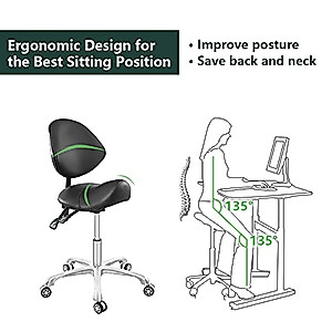 Senkelly Saddle Rolling Stool with Wheels, Adjustable Workbench Stool with Backrest, Swivel Stool Chair for Pedicure Work Office Kitchen-Ergonomic