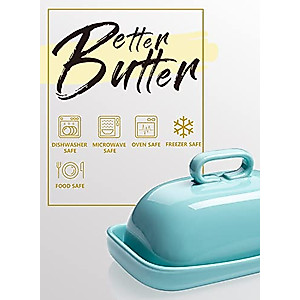 Better Butter Porcelain Butter Dish, Butter Dish with Lid, Butter Keeper - Hold 4oz East/West Coast Butter Stick and 8oz Kerrygold Butter - Easy to Grip, Turquoise