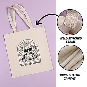 Folkulture Canvas Tote Bag with Zipper for Women | 16" x 15", 100% Cotton Reusable Grocery Bag with Pocket, Tote Bag Aesthetic for Men & Teens | Tote Bags for Work Travel Shopping (Never Stop Growing)