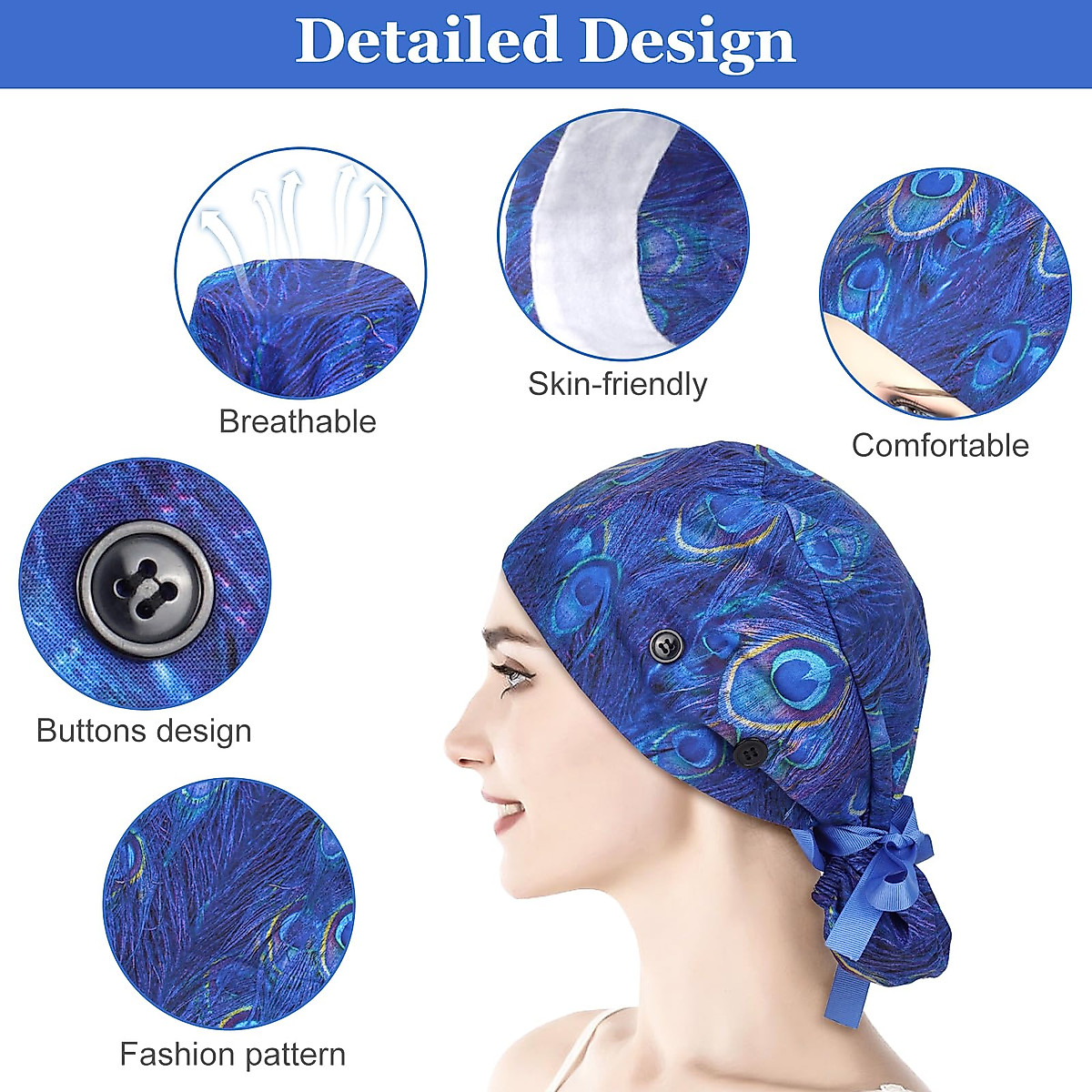 Fanadith Surgical Caps for Women, Scrub Caps Women Ponytail, 3 PCS Scrub Hats with Buttons Ribbon Tie, Adjustable Nurse Caps for Women