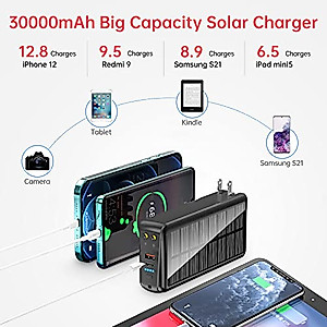Portable Charger with Built in Cable and Wall Plug 30000mAh 22.5W Fast Charging Solar Power Bank with 5 Output & 2 Input Dual LED Flashlights Phone Holder External Battery Pack for iPhone Samsung