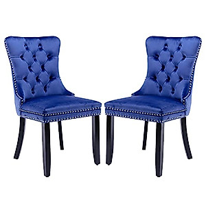 Fangflower Velvet Upholstered Kitchen Room Dining Chairs Set of 2, Blue