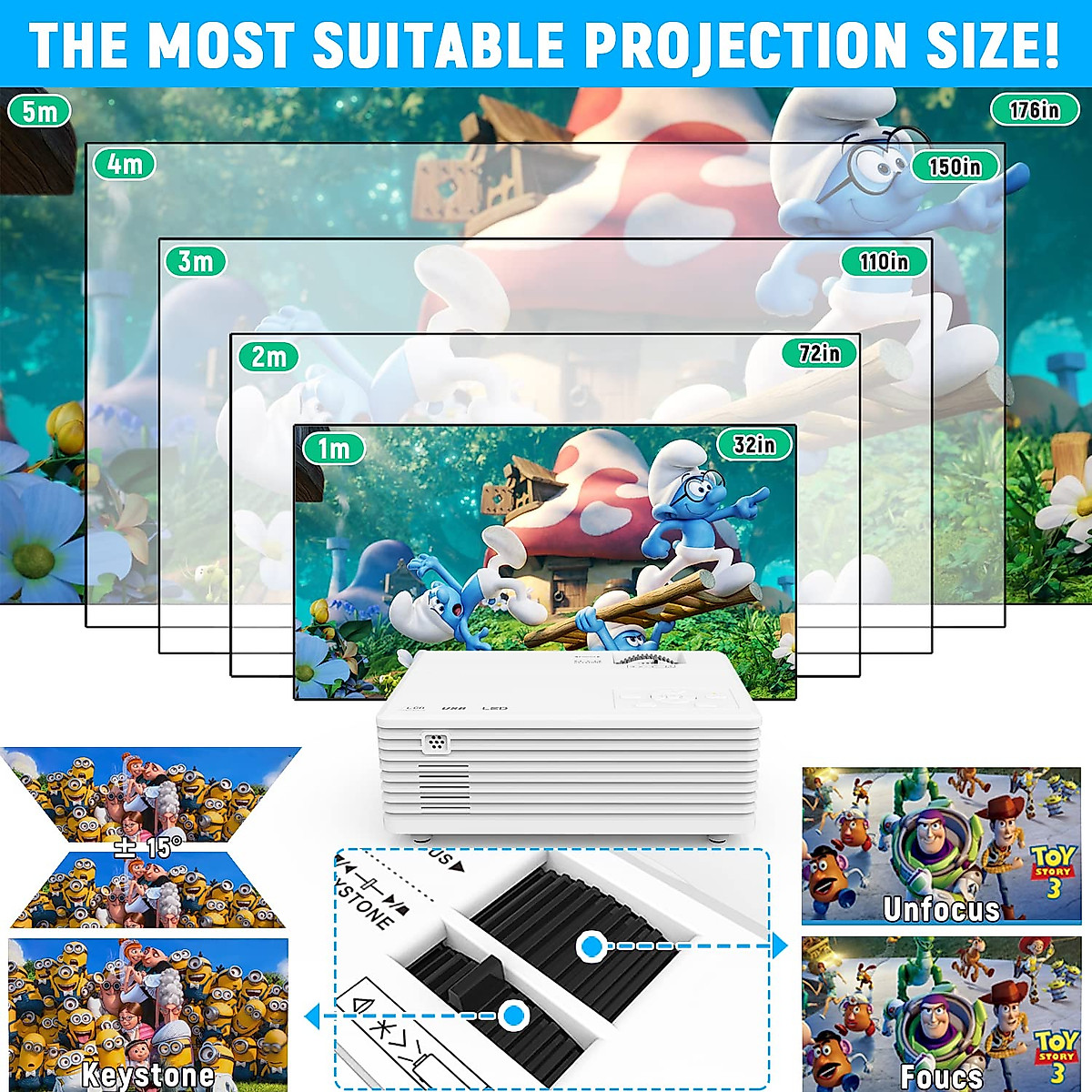 Mini Video Projector with 6500 Brightness, 1080P Supported, Portable Outdoor Movie Projector, 176" Display Compatible with TV Stick, HDMI, USB, VGA, AV for Home Entertainment