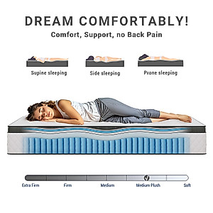 Erubry Twin Mattress, 12 Inch Plush Feel Hybrid Mattress with Breathable Euro Top Cover, Motion Isolation, Pressure Relief, Twin Size Mattress in a Box