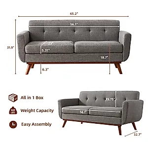 Kingfun 65.2" W Loveseat Sofa, Mid Century Modern Decor Love Seat Couches for Living Room, Button Tufted Upholstered Furniture, Solid & Easy to Install Small Couch for Bedroom Office Apartment, Grey