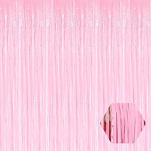 3 Pack Macaron Pink Foil Fringe Curtain Backdrop, 3.28Ft x 8.2Ft Metallic Tinsel Foil Fringe Streamer Curtains for Photo Booth, Valentine's Day, Christmas Day, New Year, Wedding Party Decorations