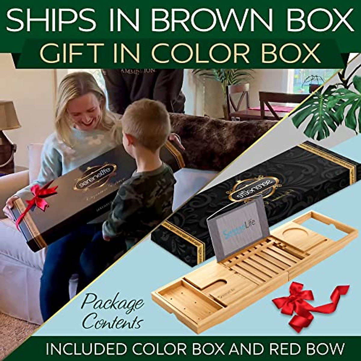 SereneLife Luxury Bamboo Bathtub Caddy, Extendable & Adjustable Tray with Device/Book Holder, Removable Trays for Bath Accessories (Natural)