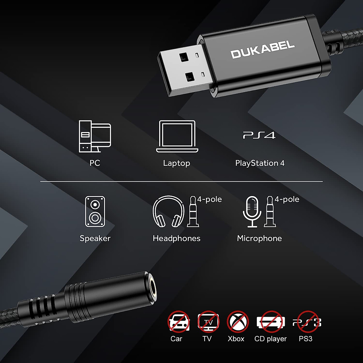 DUKABEL USB to 3.5mm Jack Audio Adapter, USB to Aux Cable with TRRS 4-Pole Mic-Supported USB to Headphone AUX Adapter Built-in Chip External Sound Card for PC PS4 PS5 and More [9.8 inch]