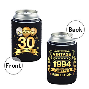Greatingreat 30th Birthday Can Cooler Sleeves Pack of 12-30th Anniversary Decorations- Vintage 1994-30th Birthday Party Supplies - Black and Gold Thirtieth Birthday Cup Coolers