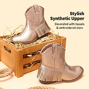 DREAM PAIRS Girls Cowgirl Cowboy Ankle Western Boots Side Zipper Riding Shoes with Tassel,Size 2 Little Kid,Rose Gold,SDBO2302K