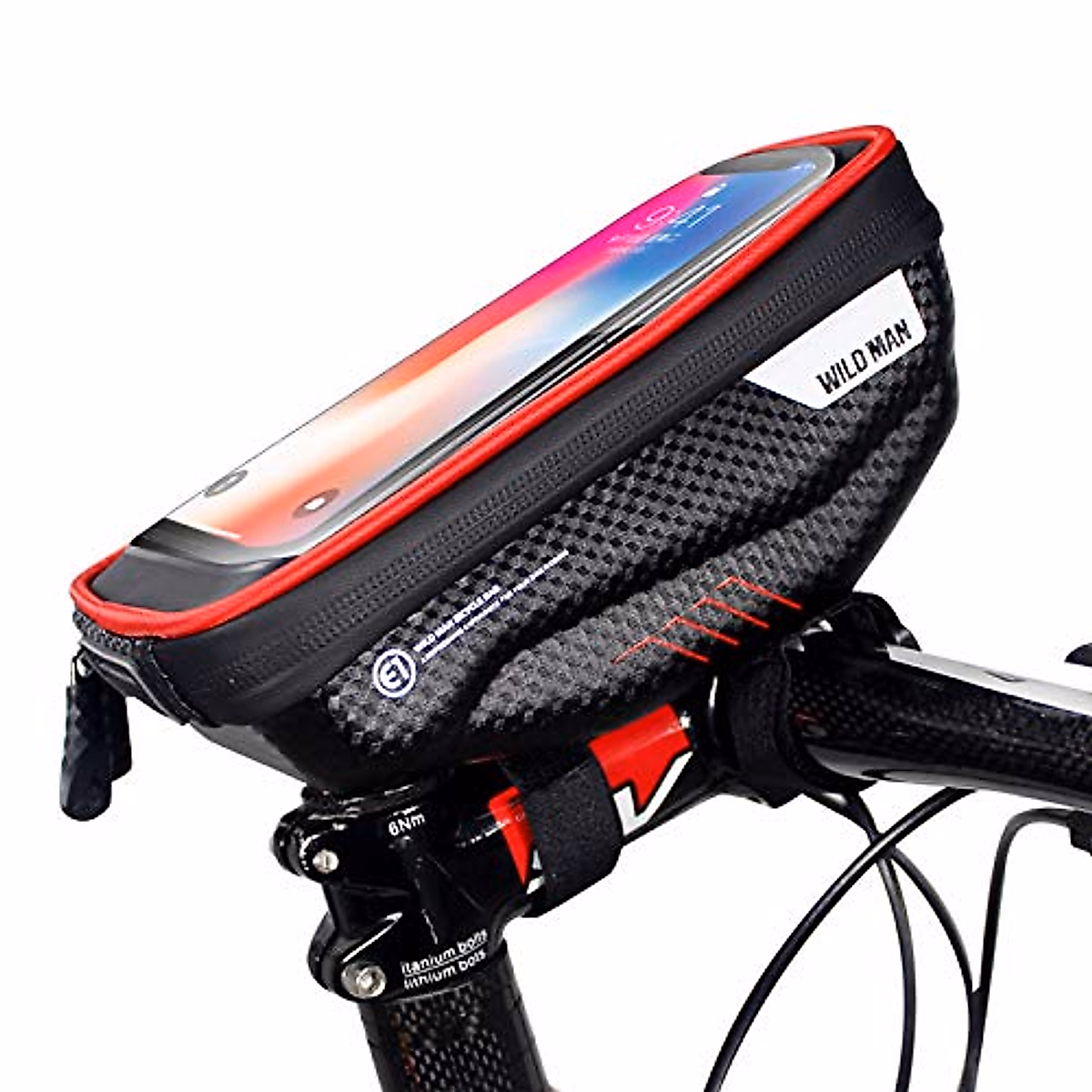 Bike Handlebar Bag, Waterproof Bicycle Frame Handlebar Bag Accessories Cycling Front Top Tube Pouch Pannier Bike Phone Mount Holder Stand for iPhone 15 14 13 12 11 Pro MAX XS XR Smartphone up to 6.7''