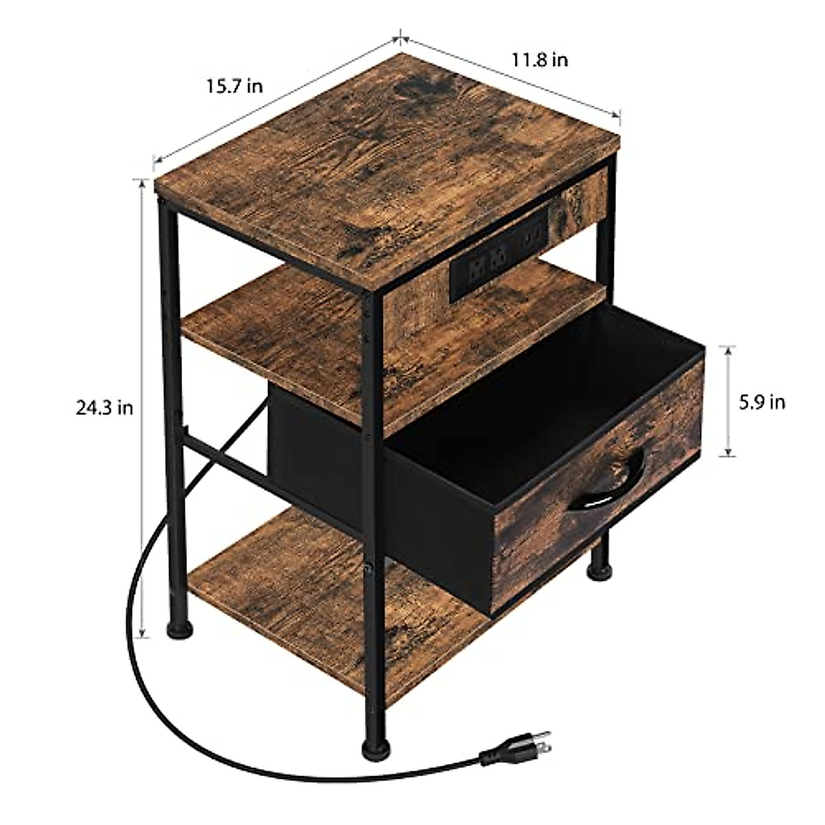 NOVIMANGO Nightstand with Charging Station Bedside Tables with Drawer Bedroom End Table Small Side Tables with USB & AC Ports Industrial End Table with Storage for Living Room Dorm Farmhouse Brown
