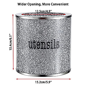 JUXYES Sparky Glass Crushed Diamond Utensils Holder for Party, Luxurious Silverware Holder Organizer Decorative Utensil Storage Crock Shiny Cutlery Holder Silverware Organizer for Kitchen Dining Table