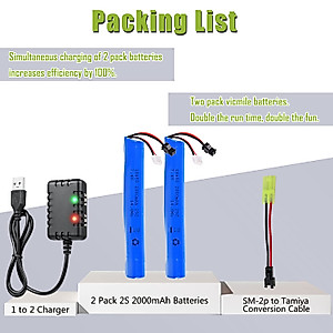 VICMILE Airsoft Battery 7.4V 2000mAh SM2P Plug with 1to2 USB Charger Gel Blaster Battery Compatible with SRB1200, SRB400, SRB400-SUB, MP5K, M4 and M110 Water Bead Blaster 2Pack