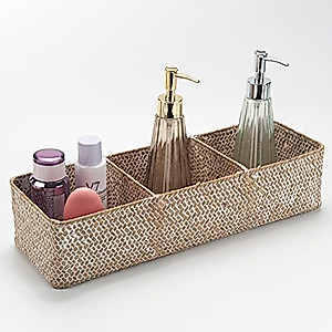 Seagrass Tank Basket for Toilet Paper 3 Sections Woven Storage Basket with Large Compartment Whitewash (16.5inch x 5.5inch x 3.5inch)