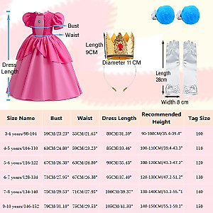 Luzlen Princess Peach Costume for Girls Kids Toddler Princess Peach Dress Halloween Cosplay Birthday Party Pink Outfits, 6-7Y(Tag 130)