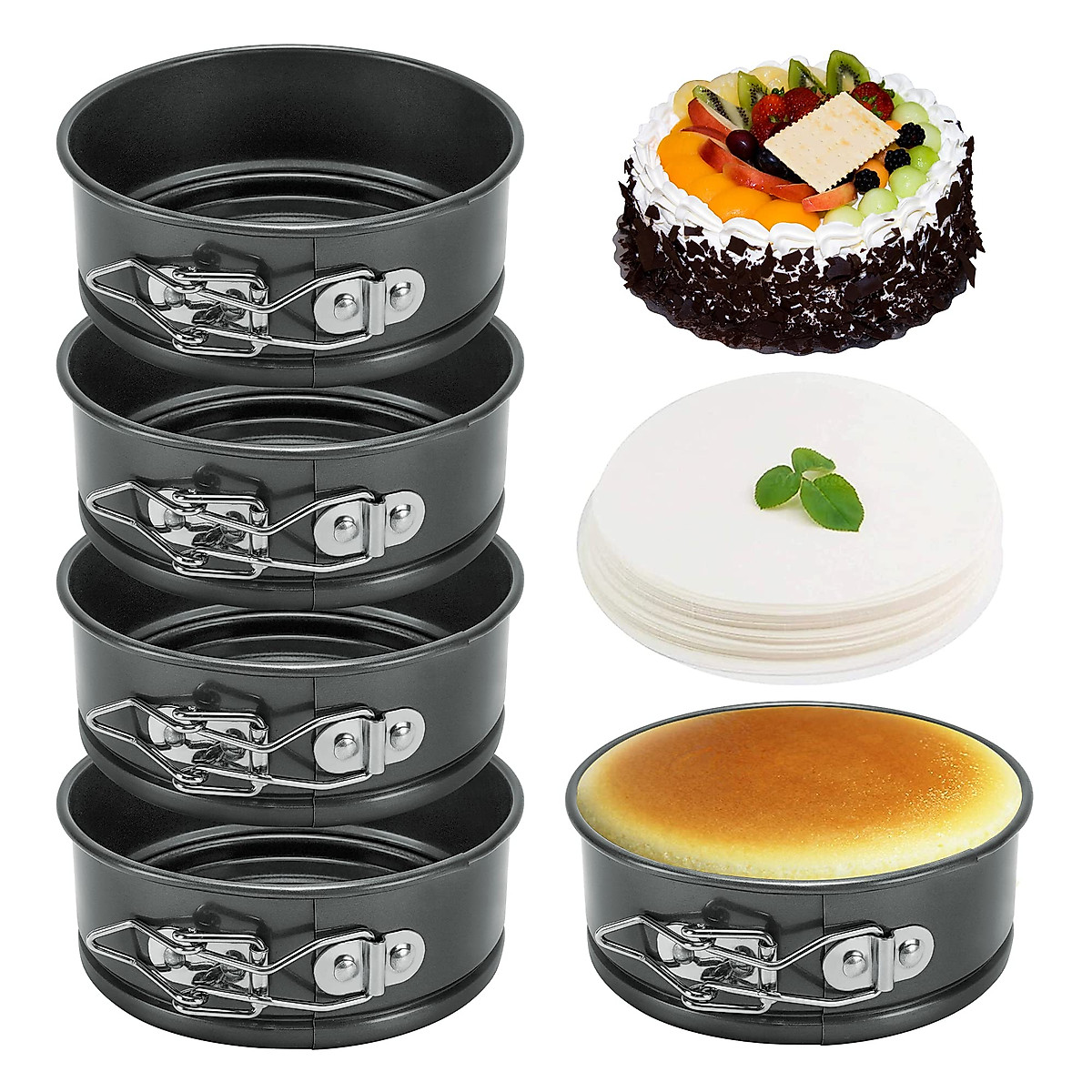 ZETEMC 4.5 Inch Mini Springform Pan, Set of 5 With 100pcs Wax Paper, Small Nonstick Cake Pan for Mini Cheesecakes, Pizzas and Quiches