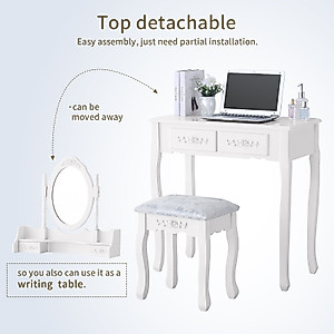 mecor Vanity Table Set with 4 Drawer,Makeup Dressing Table w/Cushioned Stool,Girls Women Bedroom Furniture Set Oval Mirror White